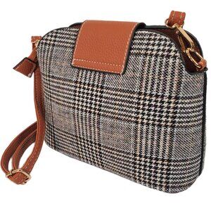 Bags | Houndstooth Plaid Crossbody Bag Brown Faux Leather Trim Gold ...